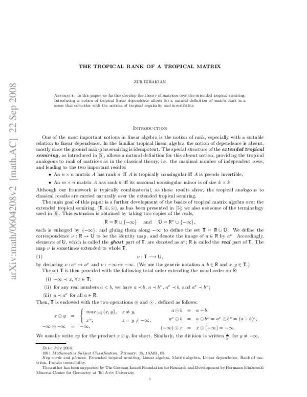 (PDF) The Tropical Rank of a Tropical Matrix