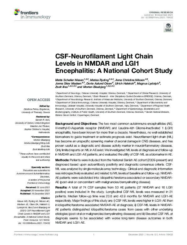 (PDF) CSF-Neurofilament Light Chain Levels in NMDAR and LGI1 Encephalitis: A National Cohort ...