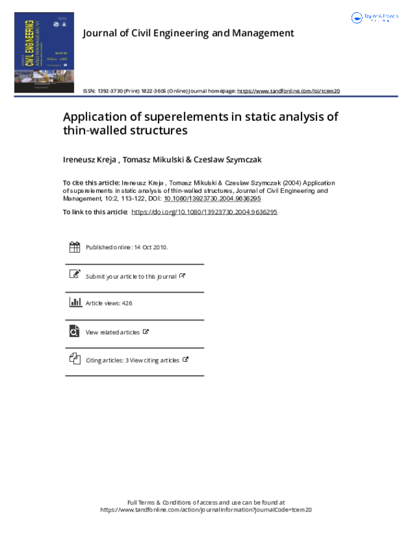 Application Of Superelements In Static Analysis Of Thin‐walled Structures