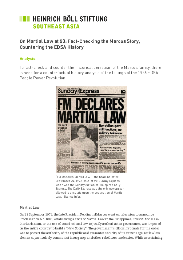 (PDF) On Martial Law at 50: Fact-Checking the Marcos Story, Countering the EDSA History