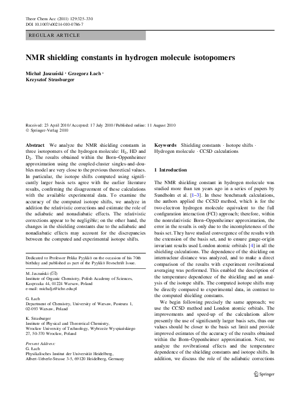 (PDF) NMR shielding constants in hydrogen molecule isotopomers