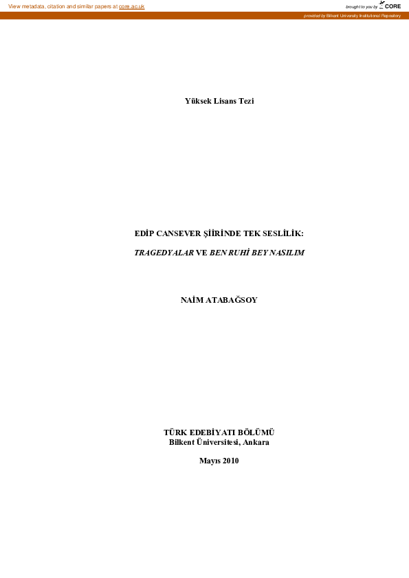 (PDF) Edip Cansever şiirinde tek seslilik : Tragedyalar ve Ben Ruhi Bey Nasılım