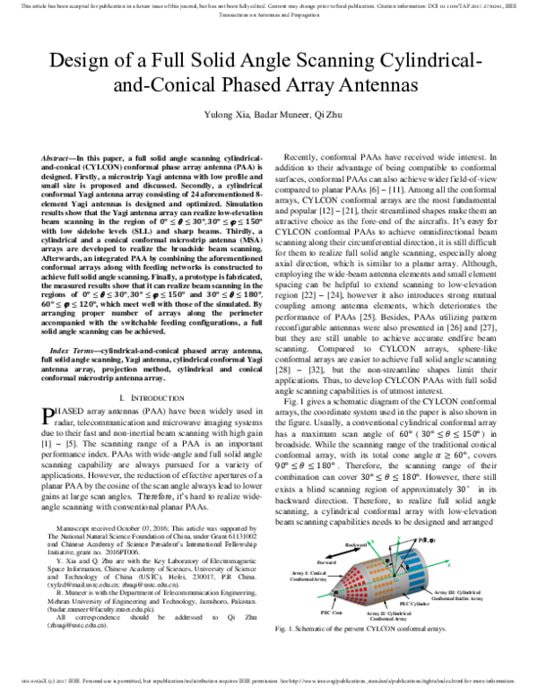 (PDF) Design of a Full Solid Angle Scanning Cylindrical-and-Conical Phased Array Antennas