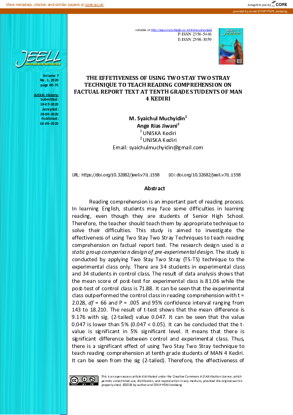 (PDF) The Effetiveness of Using Two Stay Two Stray Technique to Teach Reading Comprehension on ...