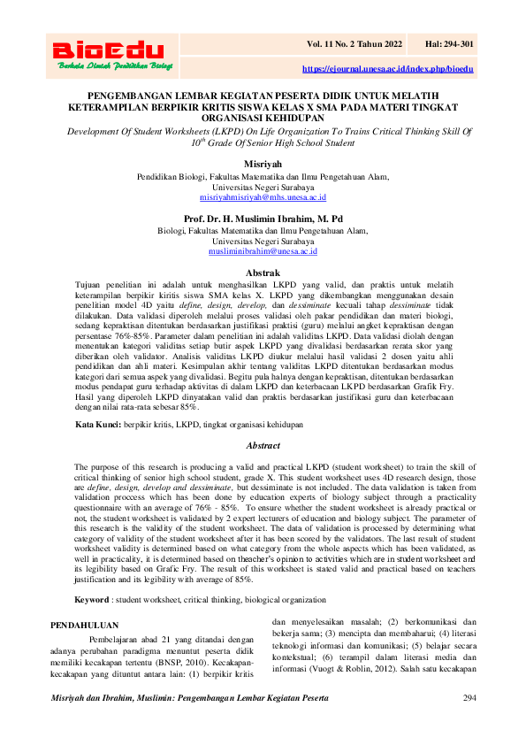 (PDF) Pengembangan Lembar Kegiatan Peserta Didik untuk Melatih Keterampilan Berpikir Kritis ...