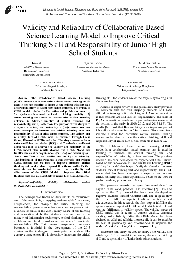 Pdf Validity And Reliability Of Collaborative Based Science Learning