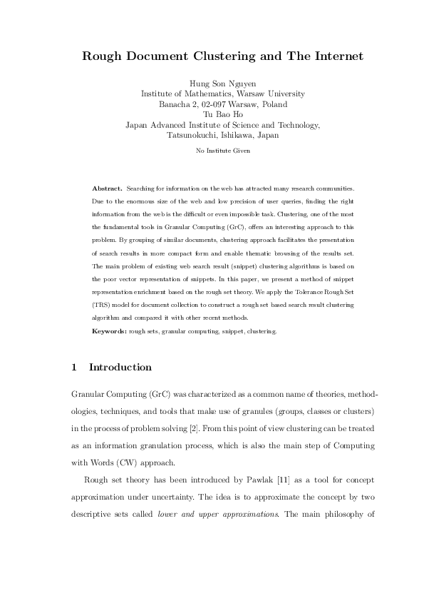 Pdf Rough Document Clustering And The Internet Hung Son Nguyen