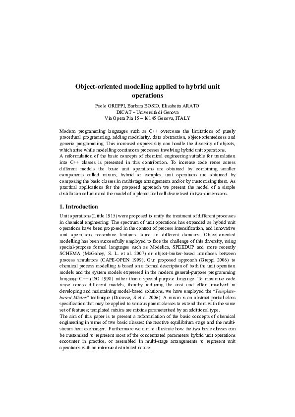 (PDF) Object-oriented modelling applied to hybrid unit operations