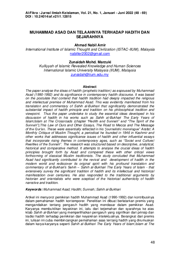 (PDF) MUHAMMAD ASAD DAN TELAAHNYA TERHADAP HADITH DAN SEJARAHNYA