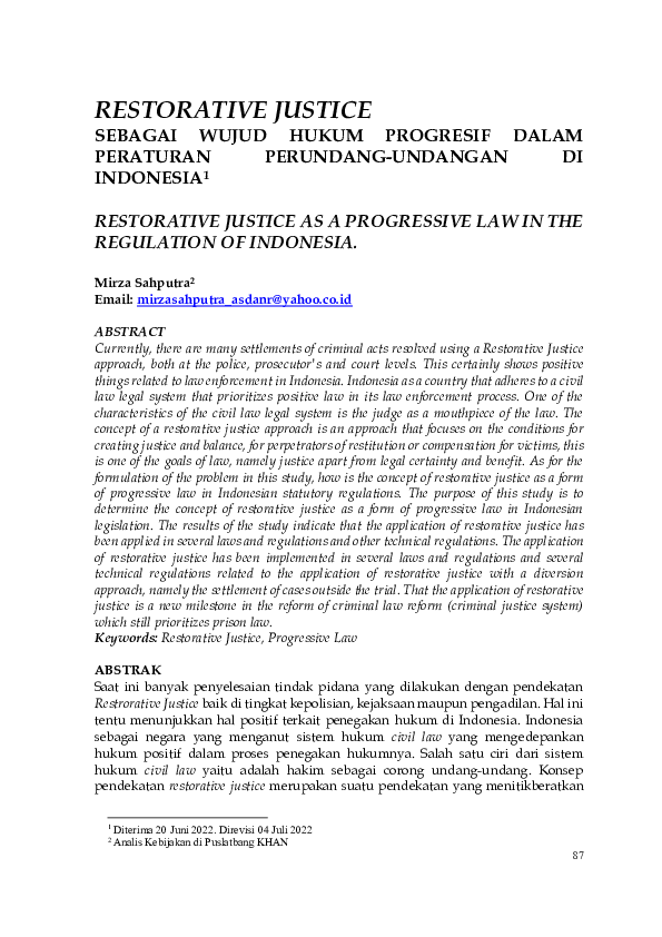 (PDF) Restorative Justice Sebagai Wujud Hukum Progresif Dalam Peraturan Perudang-Undangan DI ...