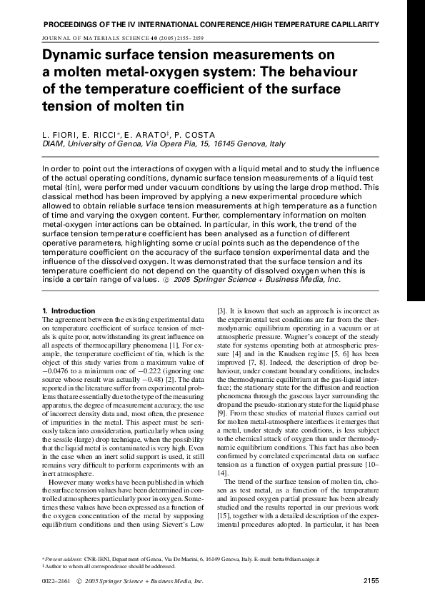 (PDF) Dynamic surface tension measurements on a molten metal-oxygen system: The behaviour of the ...