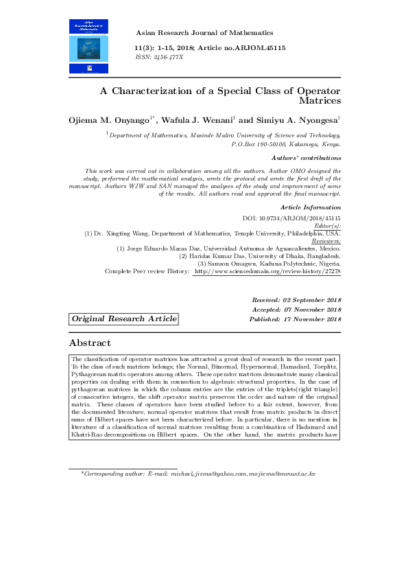 (PDF) A Characterization of a Special Class of Operator Matrices