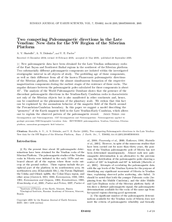 (PDF) Two competing Paleomagnetic directions in the Late Vendian: New ...