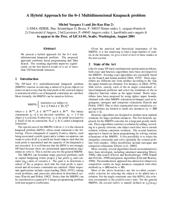 (PDF) A hybrid approach for the 0-1 multidimensional knapsack problem