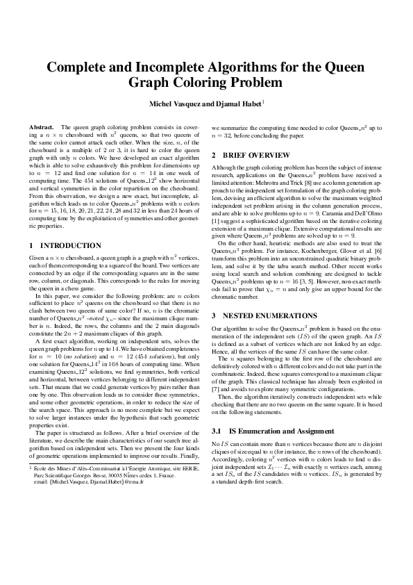 Pdf Complete And Incomplete Algorithms For The Queen Graph Coloring Problem Michel Vasquez 6450