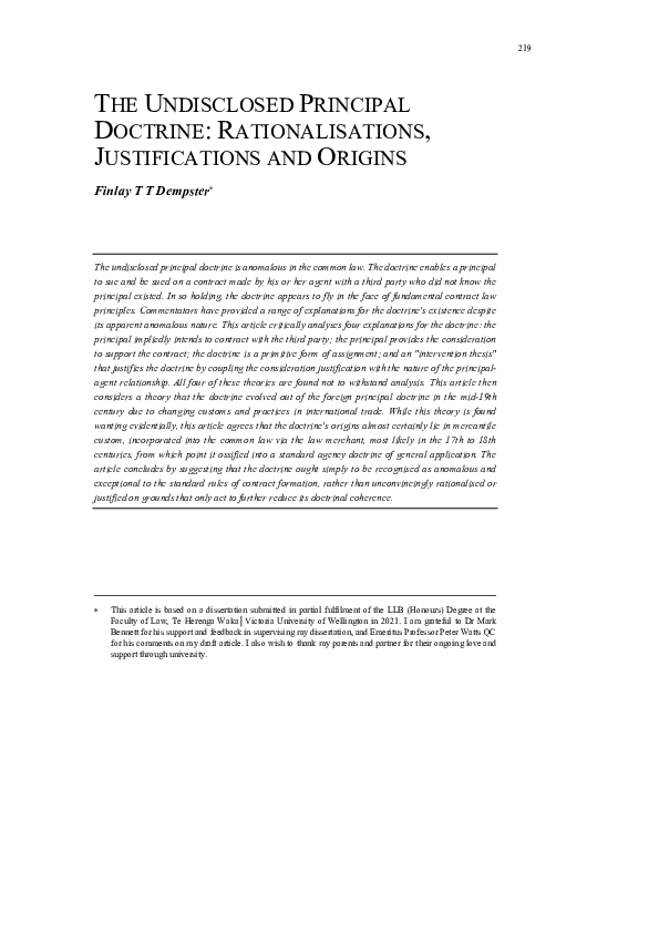 (PDF) The Undisclosed Principal Doctrine: Rationalisations ...