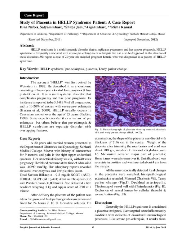 (PDF) Study of Placenta in HELLP Syndrome Patient: A Case Report | dr ...