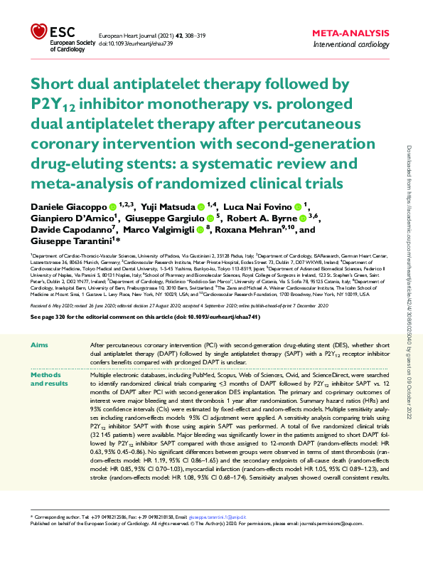 (PDF) Short dual antiplatelet therapy followed by P2Y12 inhibitor ...