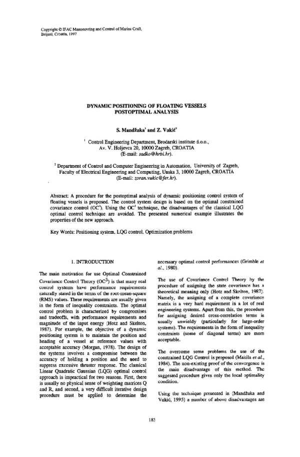 (PDF) Dynamic Positioning of Floating Vessels Postoptimal Analysis
