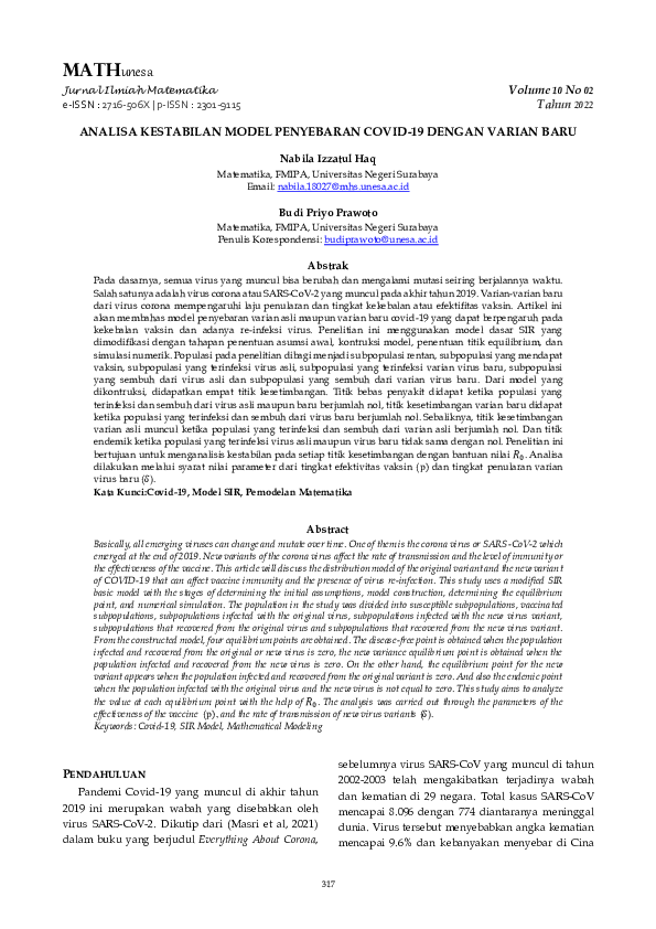 (PDF) Analisa Kestabilan Model Penyebaran COVID-19 Dengan Varian Baru