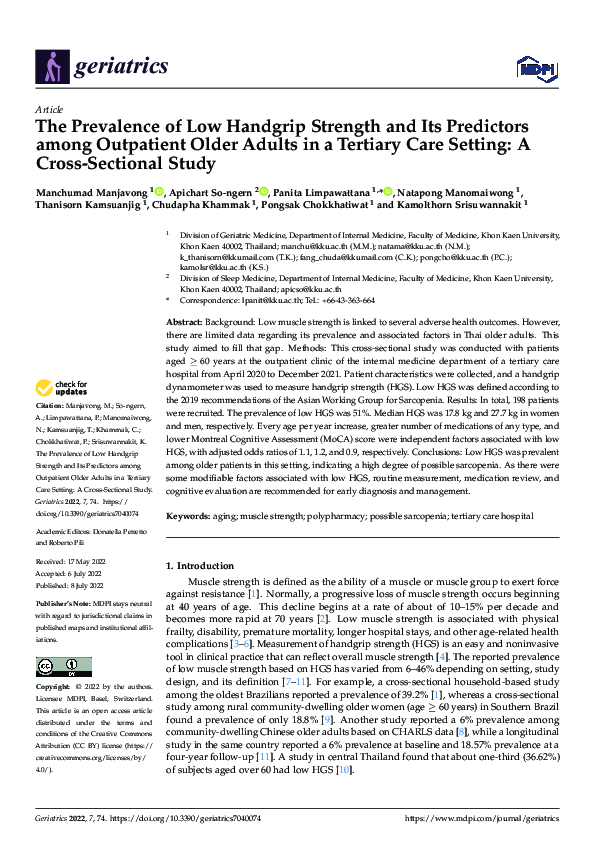 (PDF) The Prevalence of Low Handgrip Strength and Its Predictors among Outpatient Older Adults ...