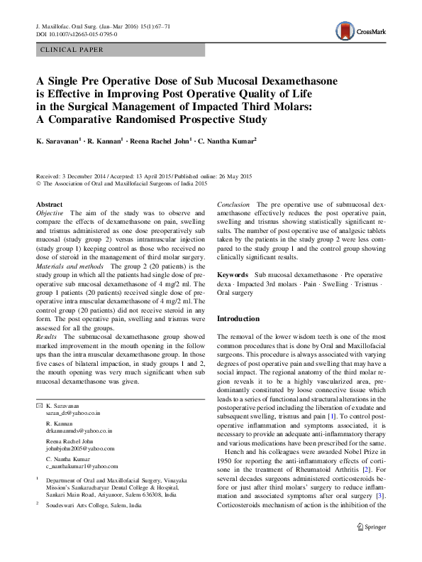 (PDF) A Single Pre Operative Dose of Sub Mucosal Dexamethasone is ...
