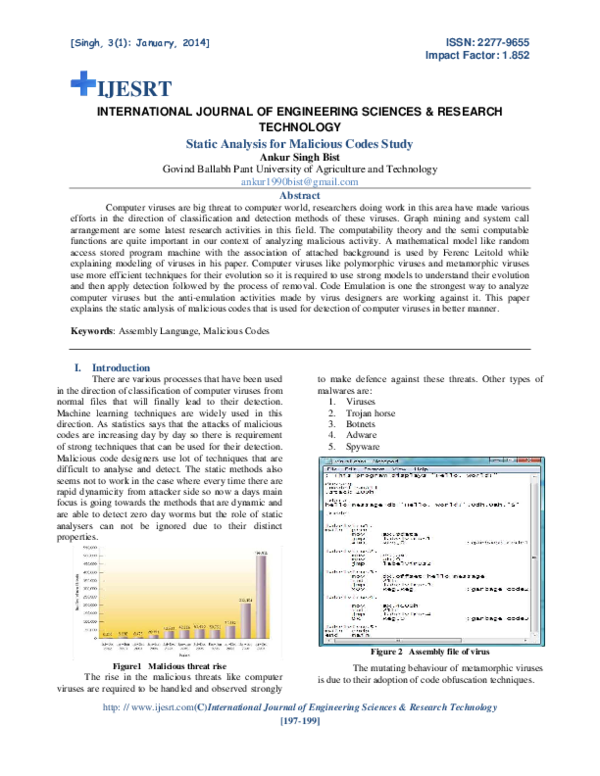 (PDF) TECHNOLOGY Static Analysis for Malicious Codes Study
