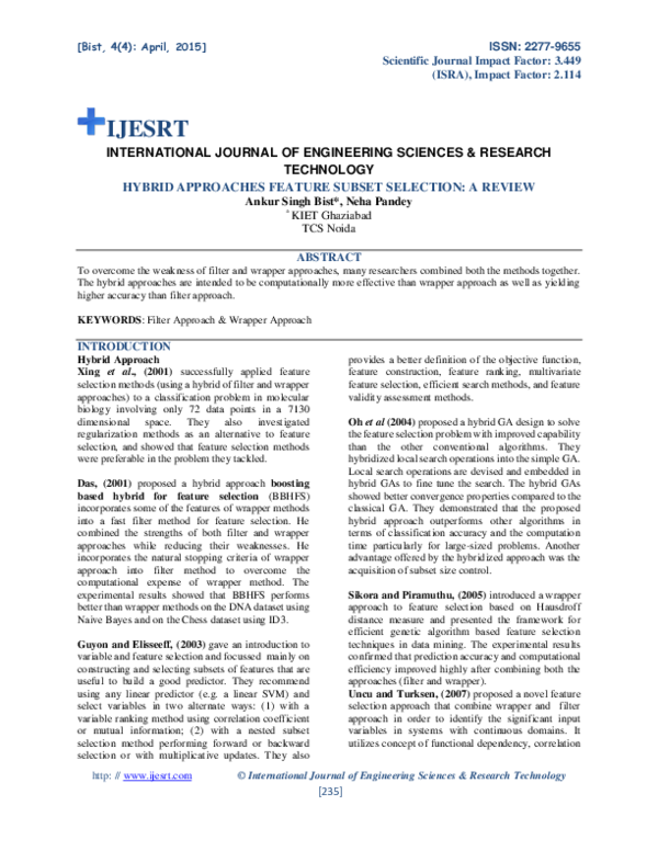 Pdf Technology Hybrid Approaches Feature Subset Selection A Review