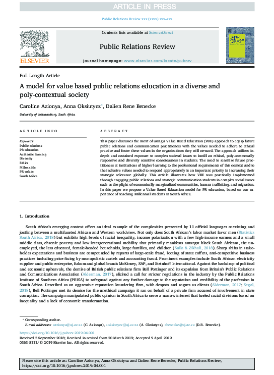 (PDF) A model for value based public relations education in a diverse ...