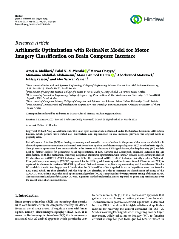 Pdf Arithmetic Optimization With Retinanet Model For Motor Imagery Classification On Brain