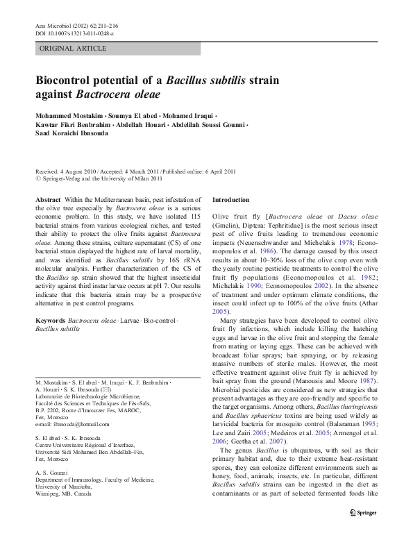 (PDF) Biocontrol potential of a Bacillus subtilis strain against ...