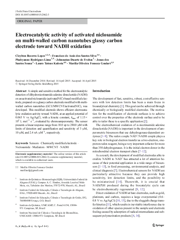 (PDF) Electrocatalytic activity of activated niclosamide on multi-walled carbon nanotubes glassy ...