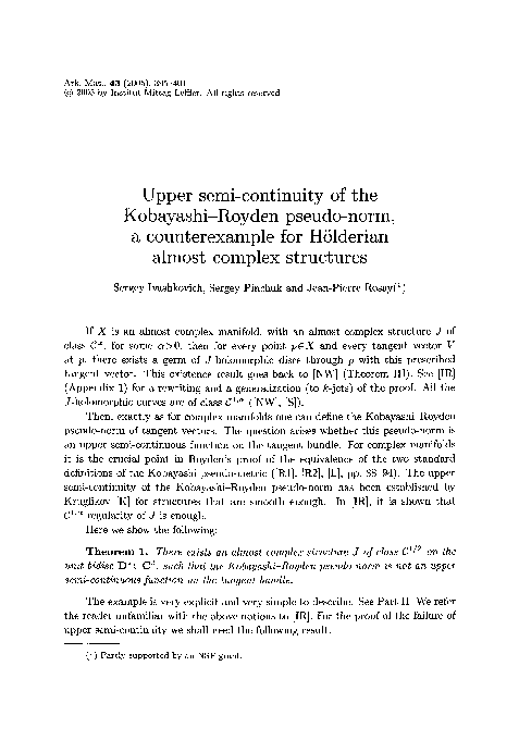 (PDF) Upper semi-continuity of the Kobayashi-Royden pseudo-norm, a counterexample for Hölderian ...