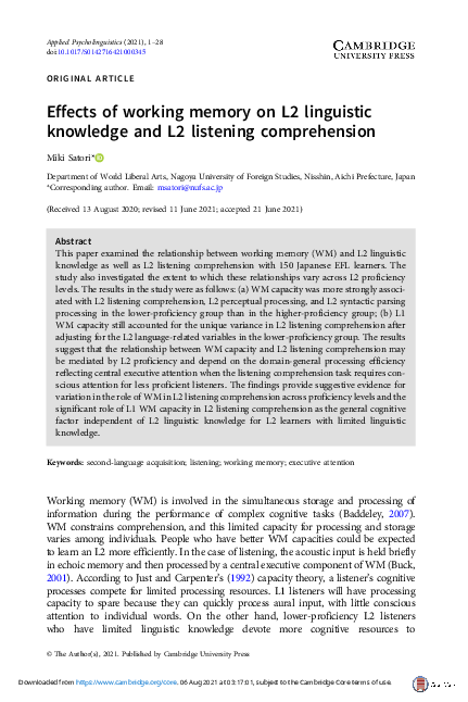 (PDF) Effects of working memory on L2 linguistic knowledge and L2 listening comprehension