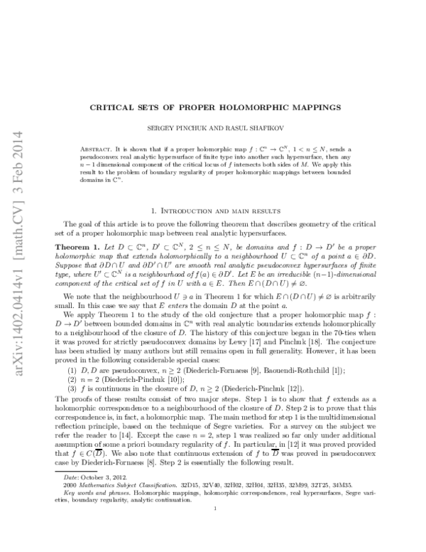 (PDF) Critical sets of proper holomorphic mappings