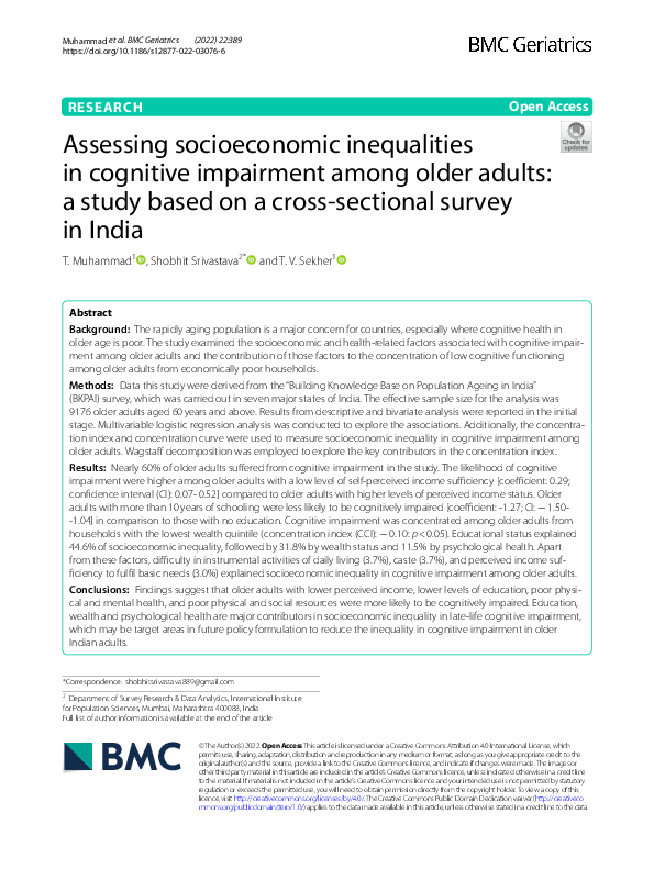 (PDF) Assessing socioeconomic inequalities in cognitive impairment among older adults: a study ...