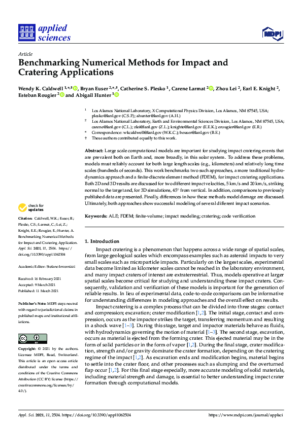 (PDF) Benchmarking Numerical Methods for Impact and Cratering Applications
