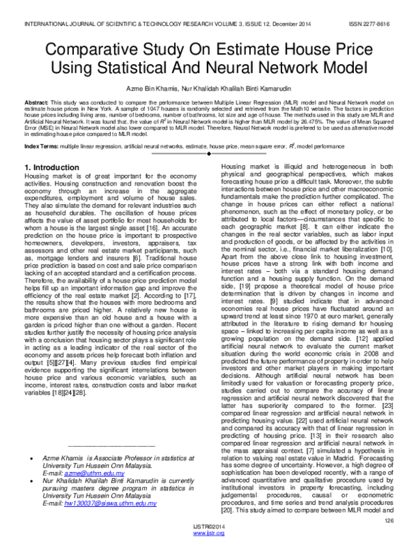 (PDF) Comparative Study On Estimate House Price Using Statistical And Neural Network Model