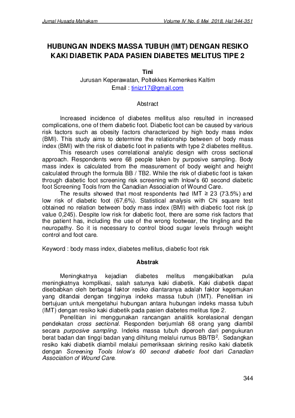 (PDF) Hubungan Indeks Massa Tubuh (Imt) Dengan Resiko Kaki Diabetik ...