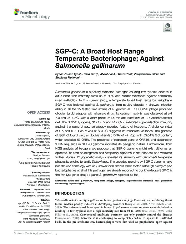 (PDF) SGP-C: A Broad Host Range Temperate Bacteriophage; Against Salmonella gallinarum | hafsa ...
