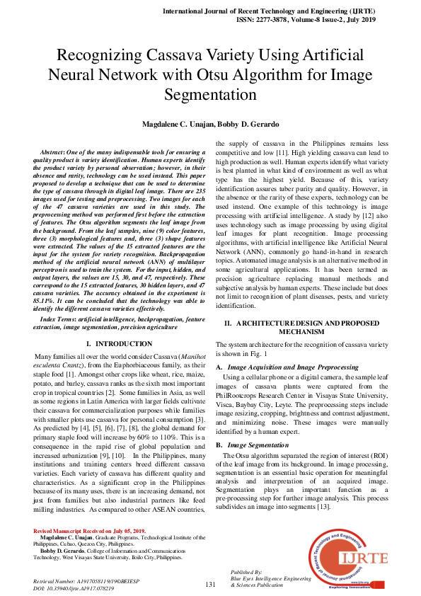 (PDF) Recognizing Cassava Variety using Artificial Neural Network with Otsu Algorithm for Image ...