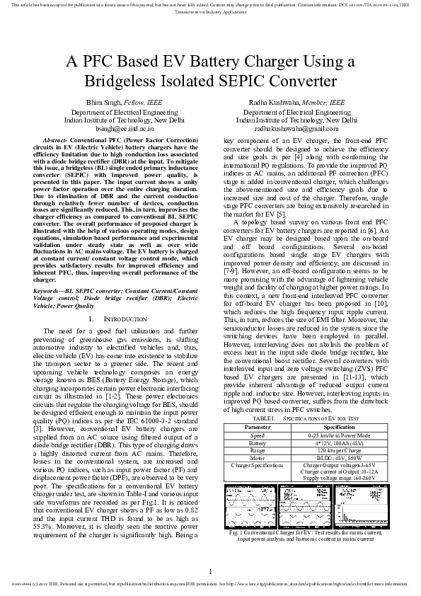 (PDF) A PFC Based EV Battery Charger Using a Bridgeless Isolated SEPIC ...