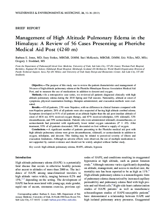 (PDF) Management of High Altitude Pulmonary Edema in the Himalaya: A Review of 56 Cases ...