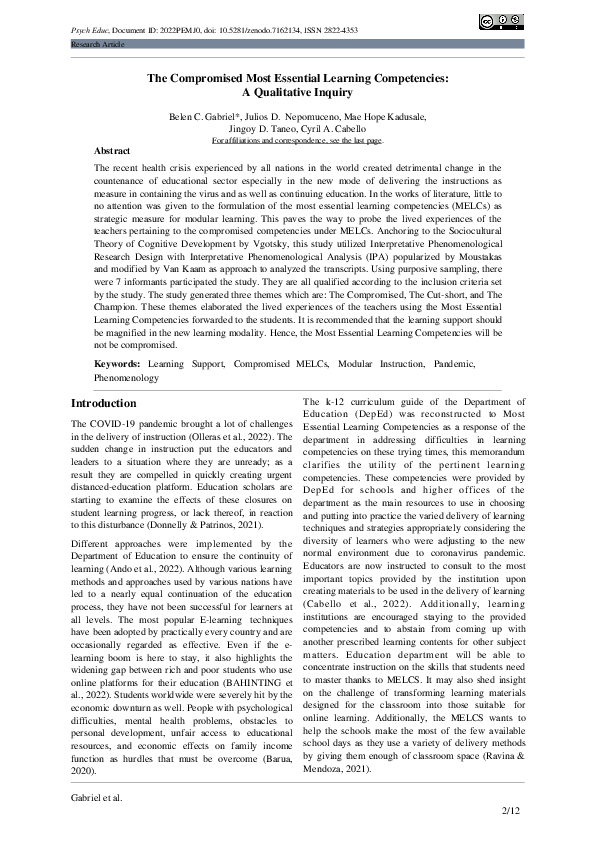 (PDF) The Compromised Most Essential Learning Competencies: A Qualitative Inquiry