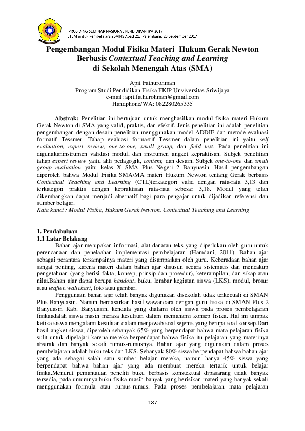 (PDF) Pengembangan Modul Fisika Materi Hukum Gerak Newton Berbasis Contextual Teaching and ...