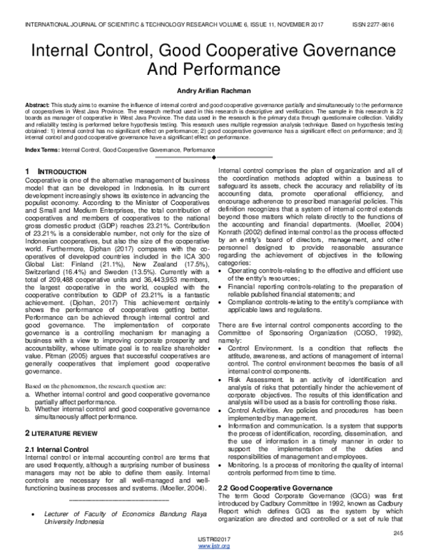 (PDF) Internal Control, Good Cooperative Governance And Performance