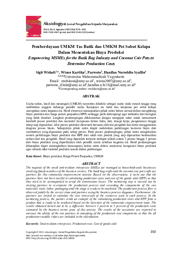 (PDF) Pemberdayaan UMKM Tas Batik dan UMKM Pot Sabut Kelapa Dalam Menentukan Biaya Produksi