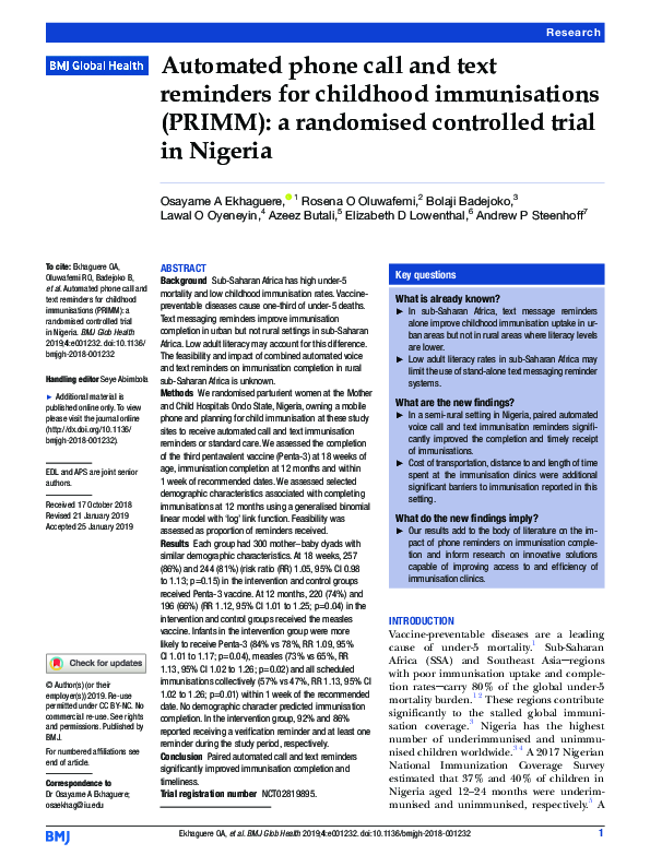 (PDF) Automated phone call and text reminders for childhood ...