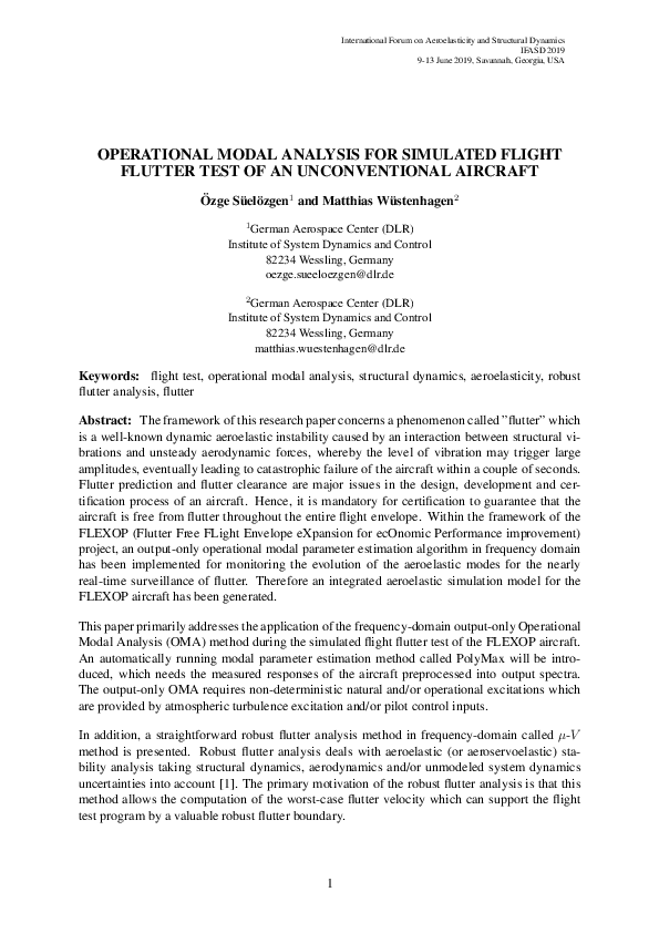 Pdf Operational Modal Analysis For Simulated Flight Flutter Test Of An Unconventional Aircraft