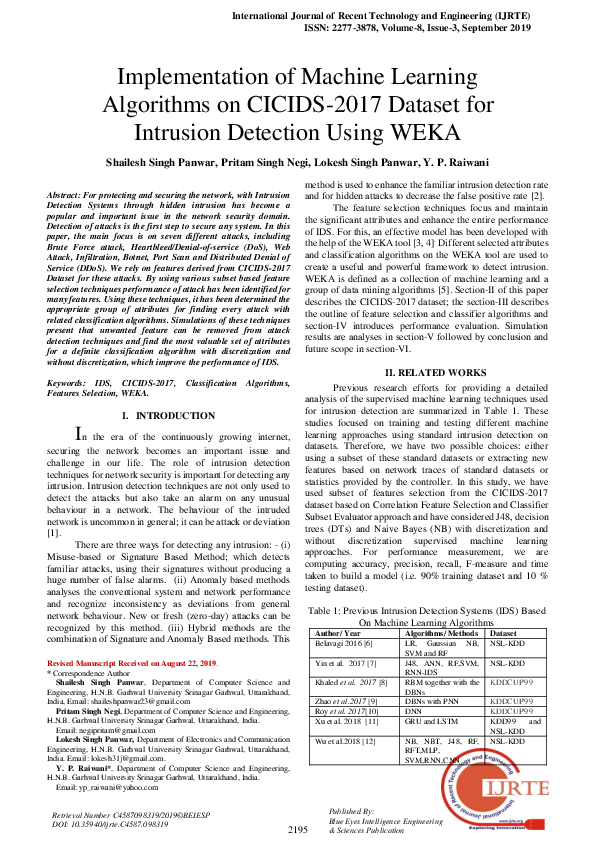 Pdf Implementation Of Machine Learning Algorithms On Cicids 2017 Dataset For Intrusion 4696